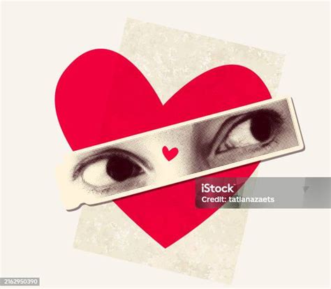 추상적 인 질감 최소한의 심장 모양에 두 개의 여성 하프 톤 눈 스티커 자신을 사랑 예술 콜라주 나 자신에게 마음 챙김 자기 관리 벡터 일러스트 레이 션 밸런타인데이에 대한