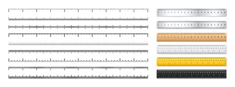 현실적인 금속 및 플라스틱 통치자 측정 척도는 나눗셈으로 표시됩니다 길이 또는 높이를 센티미터 인치 단위로 측정하기위한 스케일 눈금자 줄자 표시 크기 표시기 벡터 그림
