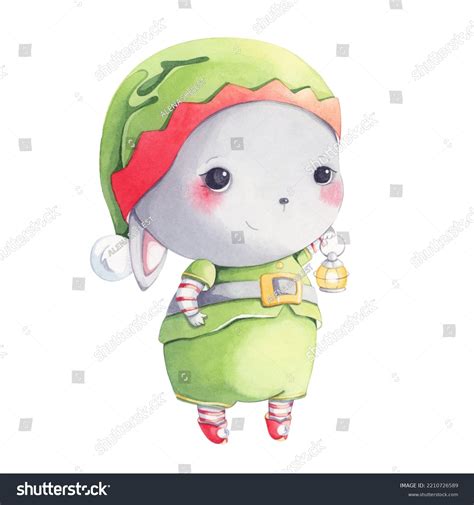Cute Bunny Dressed Elf Watercolor Character Stock Illustration