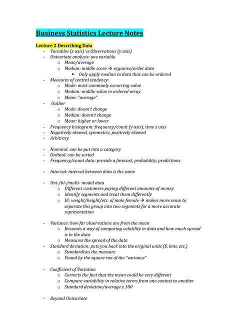 Business Statistics Lecture Notes Business Statistics Lecture Notes Lecture Describing Data