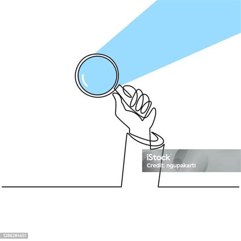 손 잡고 돋보기 한 줄 그리기 벡터 일러스트 연속 단일 손 그려 반사 된 햇빛유리를 돋보이게합니다 미니멀한 디자인으로 과학 이론의 개념 돋보기 광학 기기에 대한 스톡 벡터