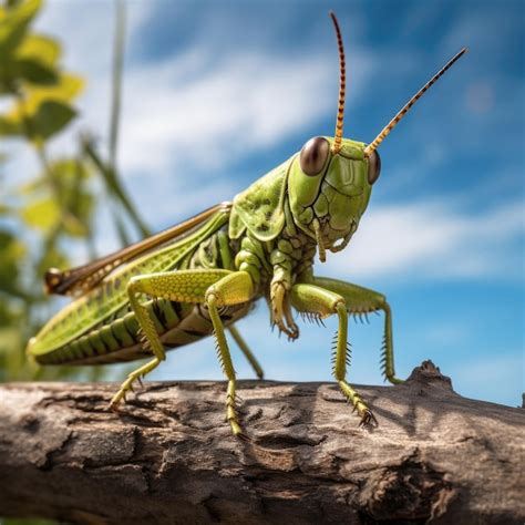 Premium Photo A Grasshopper Perched On A Branch With Its Powerful