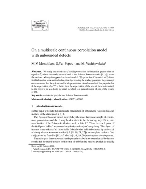 Pdf On A Multiscale Continuous Percolation Model With Unbounded Defects