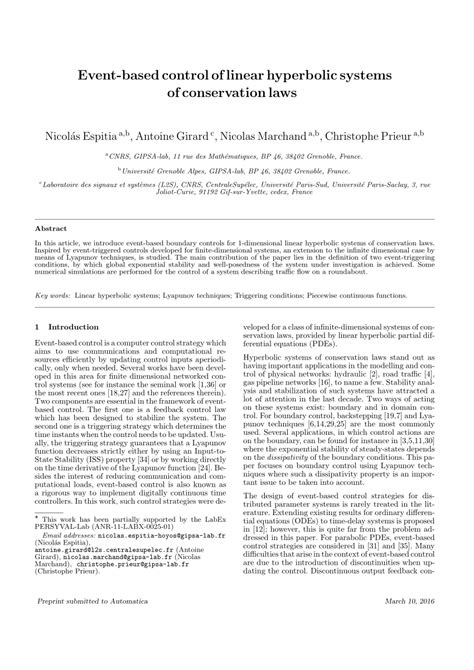 Pdf Event Based Control Of Linear Hyperbolic Systems Of Conservation Laws