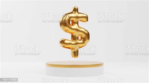 흰색 배경에 받침대 또는 연단 디스플레이가있는 금 달러 통화 풍선 3d 렌더링 미국 화폐 단위에 대한 스톡 사진 및 기타 이미지