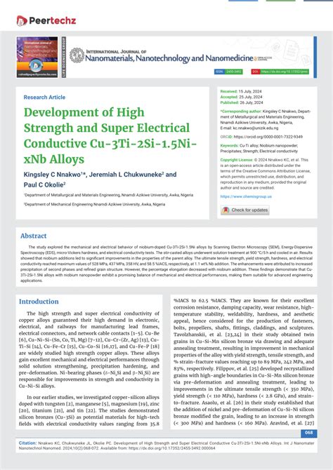 Pdf Development Of High Strength And Super Electrical Conductive Cu 3ti 2si 15ni Xnb Alloys