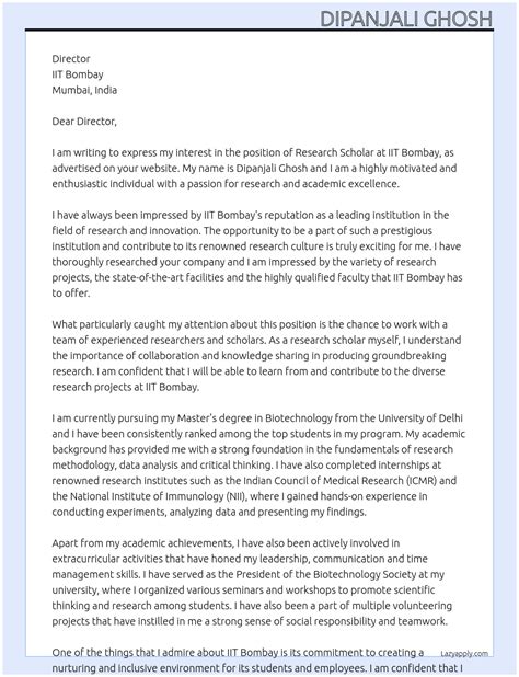 Cover Letter For Research Scholar Lazyapply