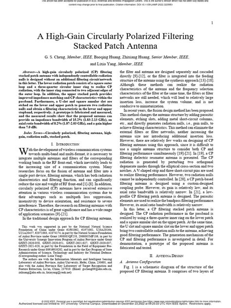 A High Gain Circularly Polarized Filtering Stacked Patch Antenna Pdf Antenna Radio