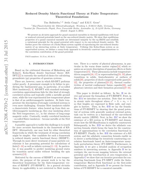 Pdf Reduced Density Matrix Functional Theory At Finite Temperature Theoretical Foundations
