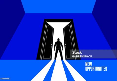 반 오픈 큰 문에 서 있는 남자는 새로운 기회의 벡터 개념에 단계 주저 미래 은유에 단계 미래로 이동 하는 부채 결정 3차원 형태에 대한 스톡 벡터 아트 및 기타 이미지