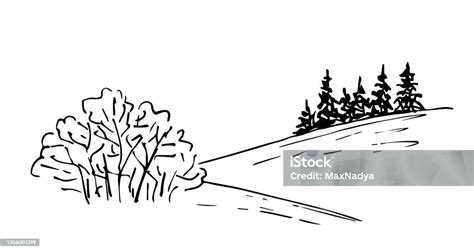 검은 윤곽선에 간단한 손으로 그린 벡터 그리기 구릉 지대 자연 수평선 덤불 나무와 식물에 수선 잉크 스케치 0명에 대한 스톡
