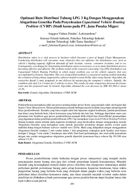 Pdf Optimasi Rute Distribusi Tabung Lpg 3 Kg Dengan Menggunakan
