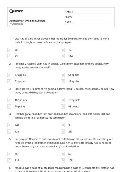 50 Two Digit By One Digit Addition Worksheets For 2nd Class On Quizizz