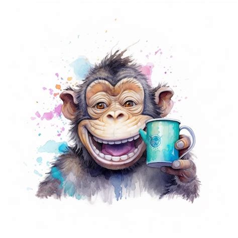 Premium Photo A Watercolor Illustration Of A Monkey Drinking From A