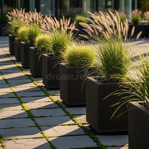 Of Black Rectangular Planters With Ornamental Grasses Likely Pennisetum