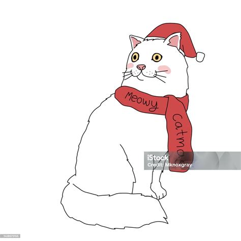 야옹이 고양이 흰 고양이 스카프와 산타 모자 만화 벡터 일러스트 레이 션을 착용 겨울에 대한 스톡 벡터 아트 및 기타 이미지