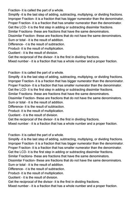 Math Fact Sheet Fraction It Is Called The Part Of A Whole Simplify It Is The Last Step Of