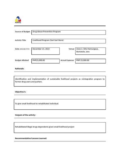 Badac Form Activity Livelihood Pdf