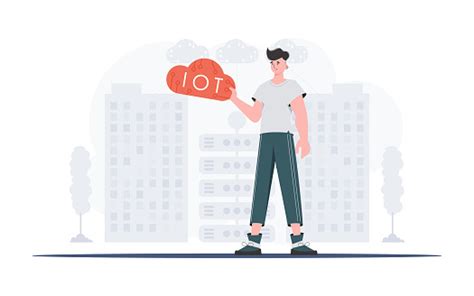 그 남자는 손에 인터넷 사물 아이콘을 들고 있습니다 Iot 개념 웹 사이트 및 프리젠 테이션에 좋습니다 트렌디 한 평면 스타일의 벡터 일러스트레이션 5g에 대한 스톡 벡터