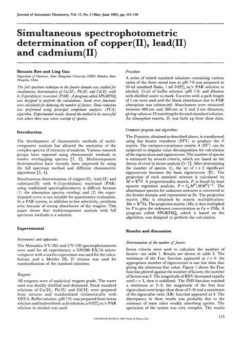 Pdf Simultaneous Spectrophotometric Determination Of Copperii Leadii And Cadrniumii