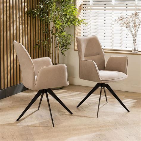Set Of 4 Modern Dining Chairs With Arms Carver Swivel Base Mink Velvet