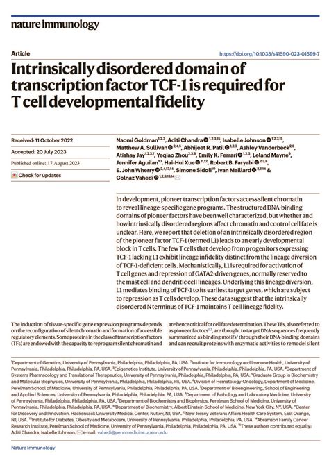 Intrinsically Disordered Domain Of Transcription Factor Tcf 1 Is Required For T Cell