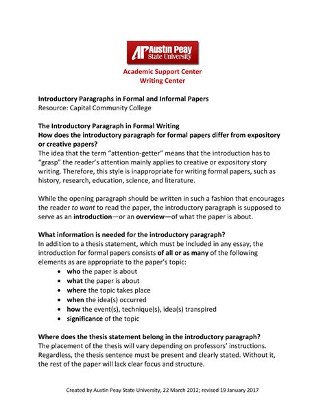 Introductory Or Opening Paragraph Academic Support Center Writing