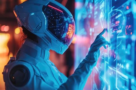 Futuristic Humancomputer Interaction Person In Smart Tech Suit Interacting With Ai Display