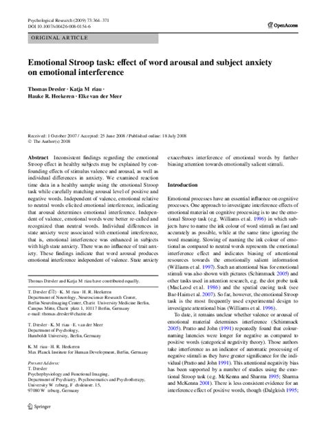 Pdf Emotional Stroop Task Effect Of Word Arousal And Subject Anxiety