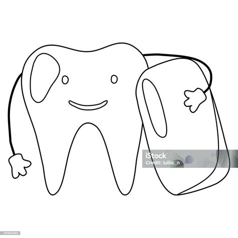민트 껌 패드가 있는 귀여운 이빨 캐릭터 색칠하기 책을 위한 낙서 스타일 플랫 벡터 개요 0명에 대한 스톡 벡터 아트 및 기타 이미지 0명 가공의 인물 건강관리와