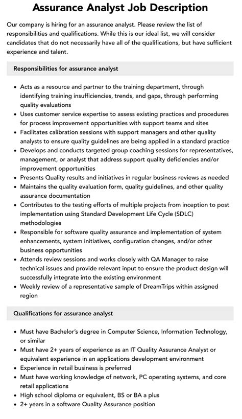 Assurance Analyst Job Description Velvet Jobs