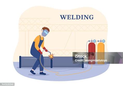 전문 용접기 작업 용접 금속 구조물 파이프 및 철강 건설 용접 플랫 만화 손으로 그린 템플릿 일러스트레이션 금속 산업에 대한 스톡 벡터 아트 및 기타 이미지 Istock