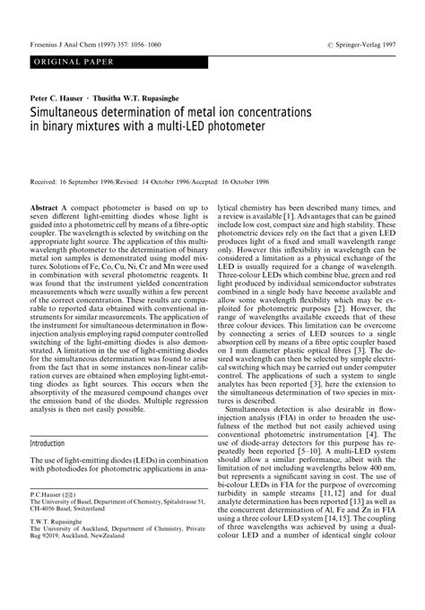Pdf Simultaneous Determination Of Metal Ion Concentrations In Binary Mixtures With A Multi Led