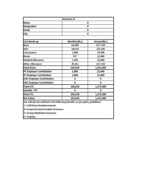 Sample Ctc Working Pdf Employment Compensation Employment