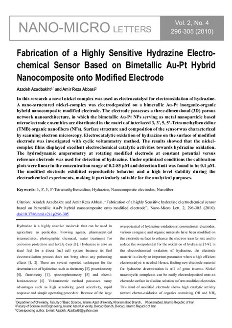 Pdf Fabrication Of A Highly Sensitive Hydrazine Biosensor Based On Bimetallic Au Pt Hybrid