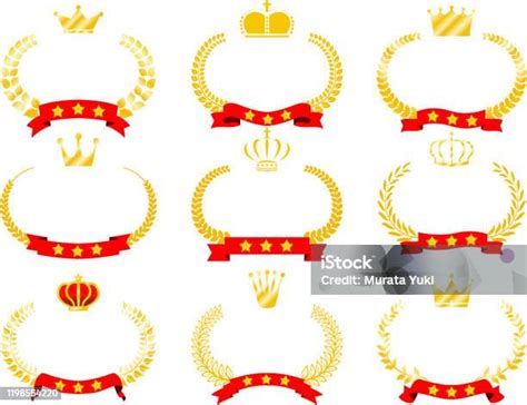 와이드 라운드 프레임 골드 월계수와 크라운 리본 세트 1위에 대한 스톡 벡터 아트 및 기타 이미지 1위 2 위 상 종류 3위 Istock