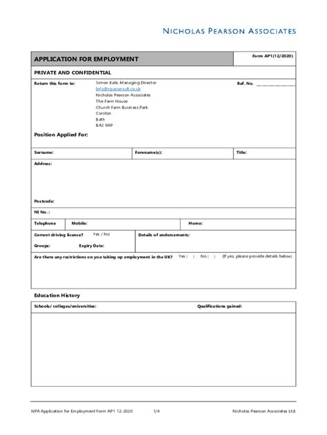 Fillable Online Application For Employment Form Ap1122020 Fax Email