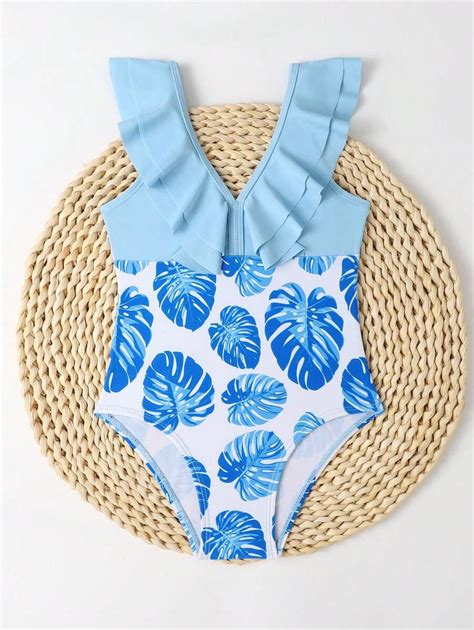 Tropical Floral Print Ruffle Trimmed One Piece Swimsuit For Tween Girl