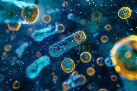 A Microscopic World Of Blue And Gold Bacteria Swirling In A Deep Blue Sea Stock Image Image Of