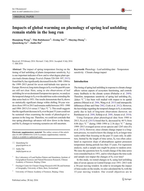 Pdf Impacts Of Global Warming On Phenology Of Spring Leaf Unfolding