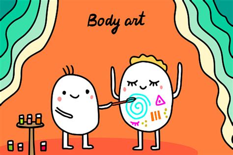 바디 아트 만화 스타일에서 손으로 그린 벡터 일러스트 레이 션 배꼽에 그림을 가진 예술가 그리고 남자 개념에 대한 스톡 벡터 아트 및 기타 이미지 Istock