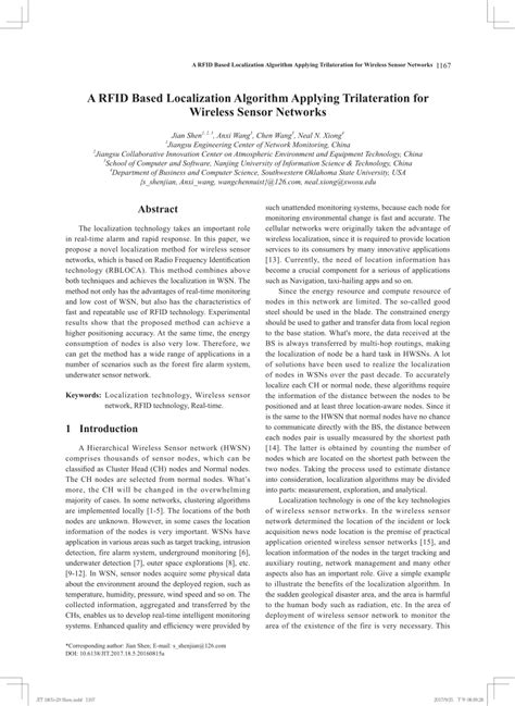 Pdf A Rfid Based Localization Algorithm Applying Trilateration For Wireless Sensor Networks