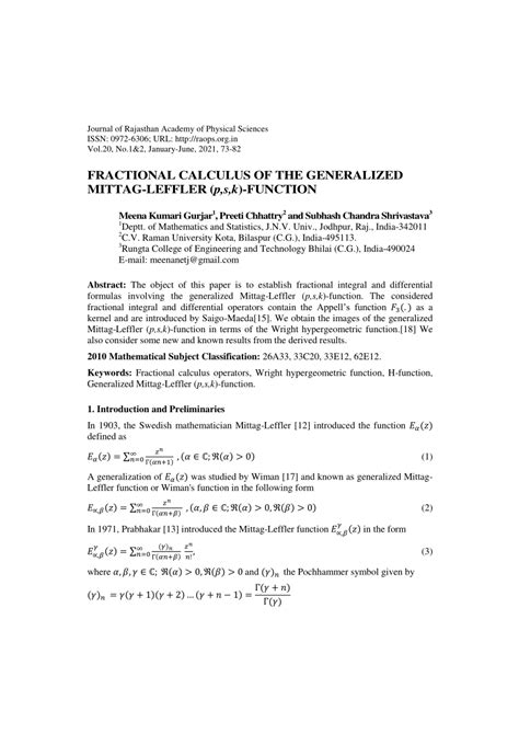 Pdf Fractional Calculus Of The Generalized Mittag Leffler P S K Function