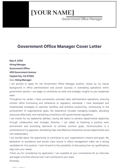 Free Government Office Manager Cover Letter Template To Edit Online