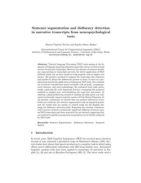 Pdf Sentence Segmentation And Disfluency Detection In Narrative