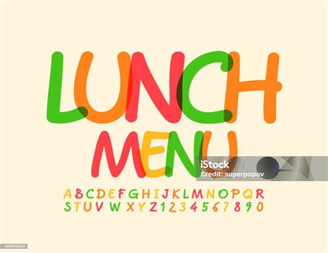 벡터 다채로운 템플릿 점심 메뉴 예술 알파벳 문자 및 숫자 세트 0명에 대한 스톡 벡터 아트 및 기타 이미지 0명 건강한 식생활 그래픽 프린트 Istock