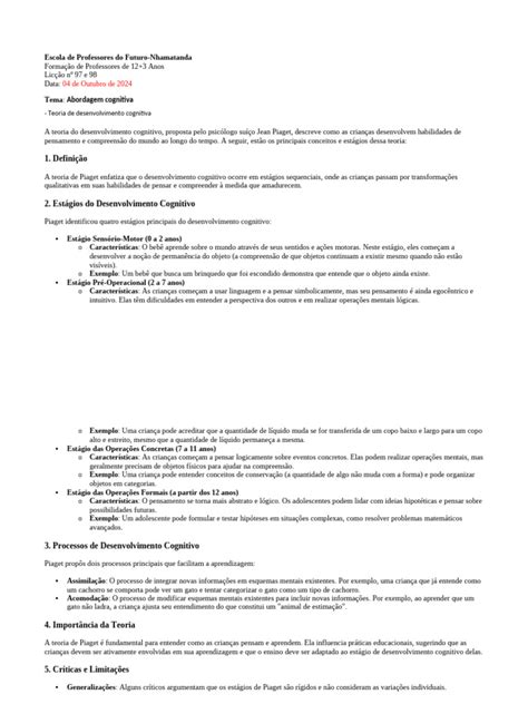 99 100 Teoria De Desenvolvimento Cognitivo Pdf Pensamento Aprendizado