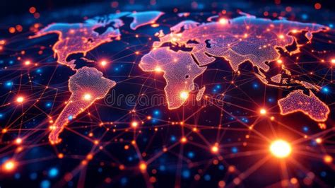 Abstract World Map With Glowing Network Connections On A Dark Background Depicting Global