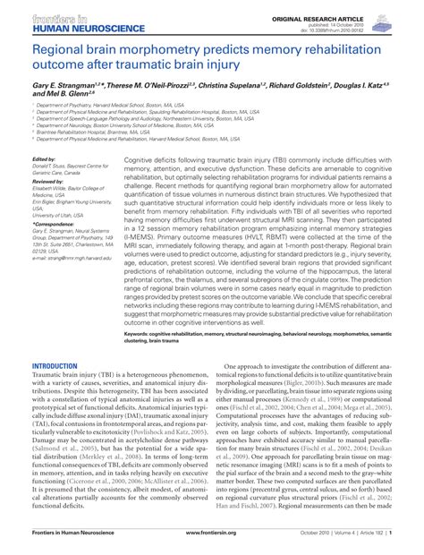 Pdf Regional Brain Morphometry Predicts Memory Rehabilitation Outcome