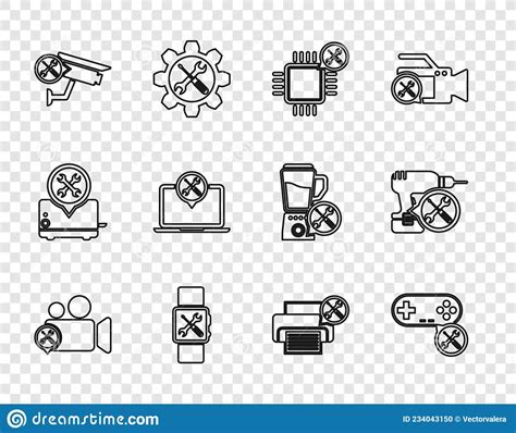 Set Line Video Camera Service Gamepad Processor Smartwatch Security Laptop Printer And